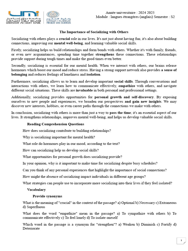 Importance of Socializing for Well-Being | PDF | Question | Subject ...