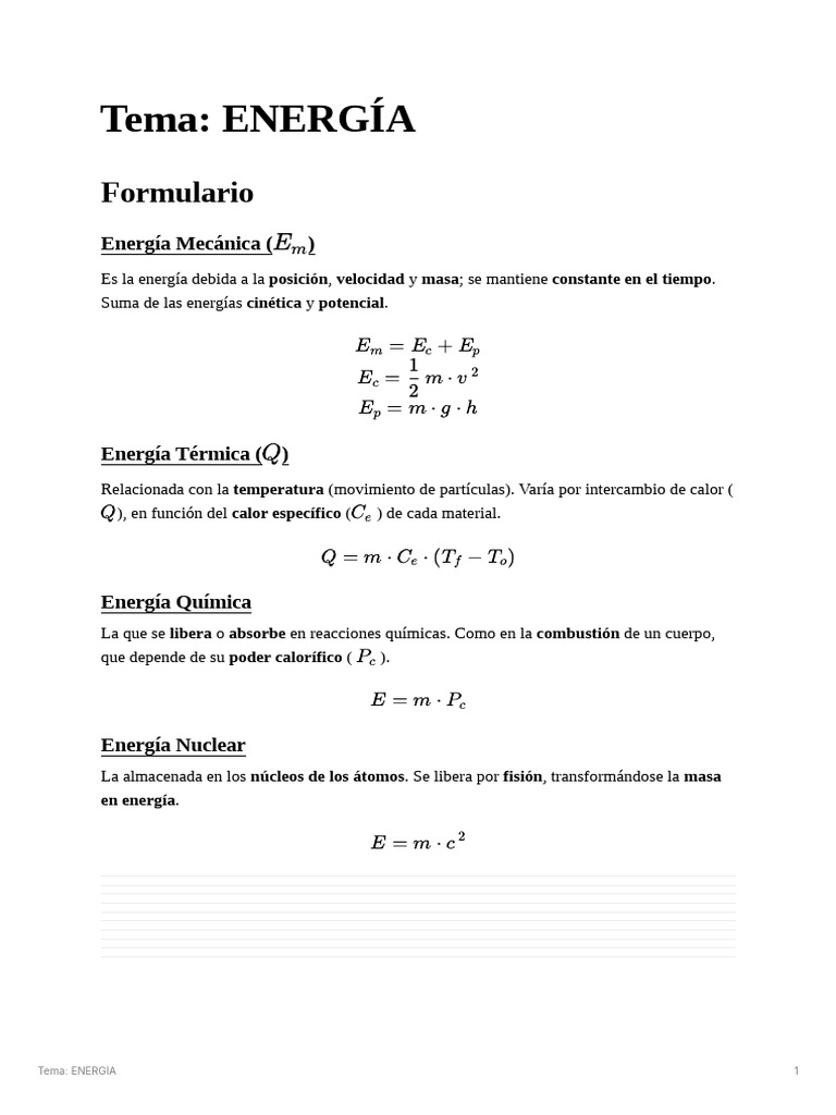 TEC 1ºbach Formulario-EnERGÍA | PDF | Vatio | Cantidades fisicas