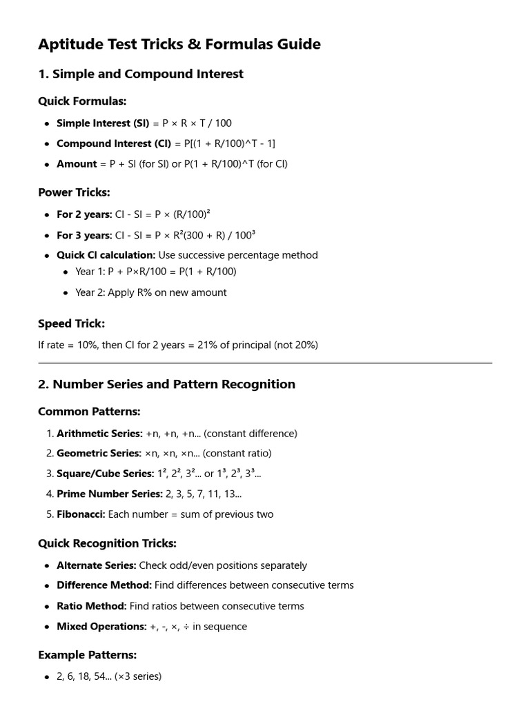 Aptitude Test Tricks & Formulas Guide | PDF | Percentage | Elementary ...