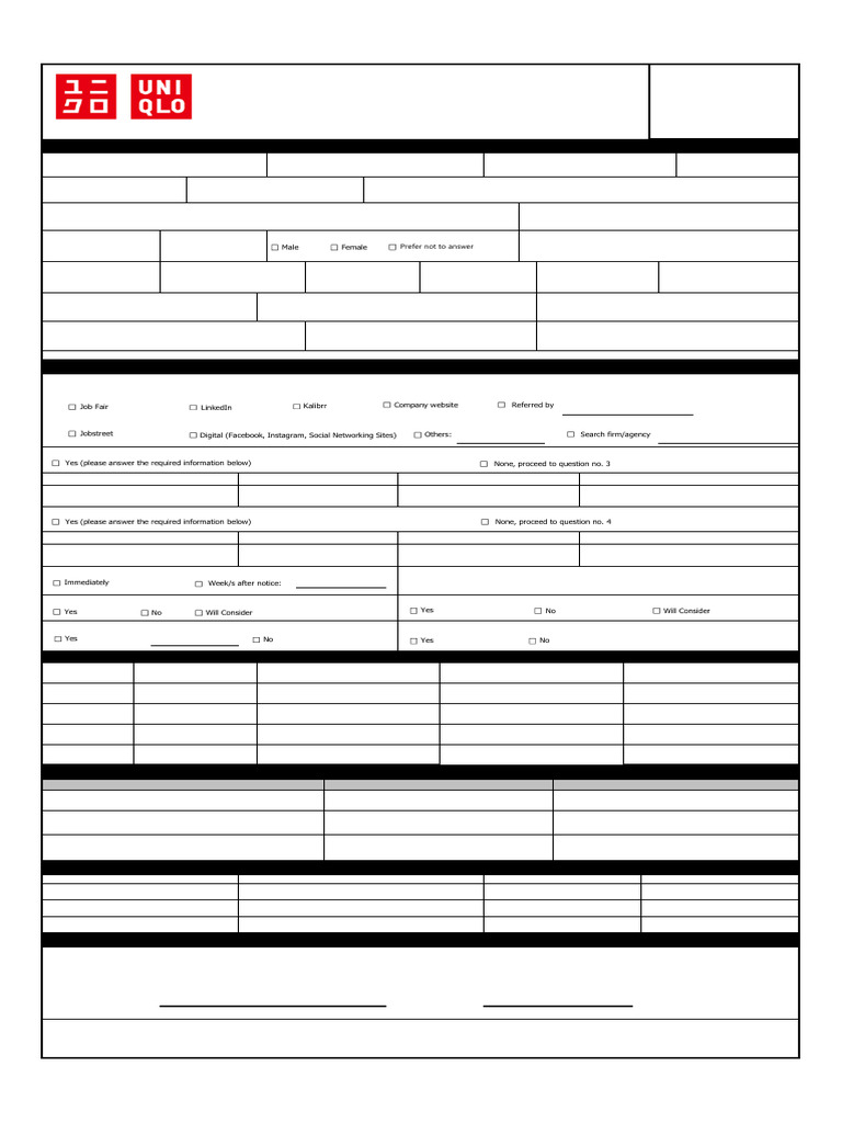 UNIQLO - Application Form A | PDF