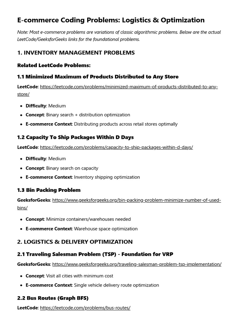 E-Commerce Coding Problems - Logistics & Optimization | PDF | Mathematical Optimization | Logistics