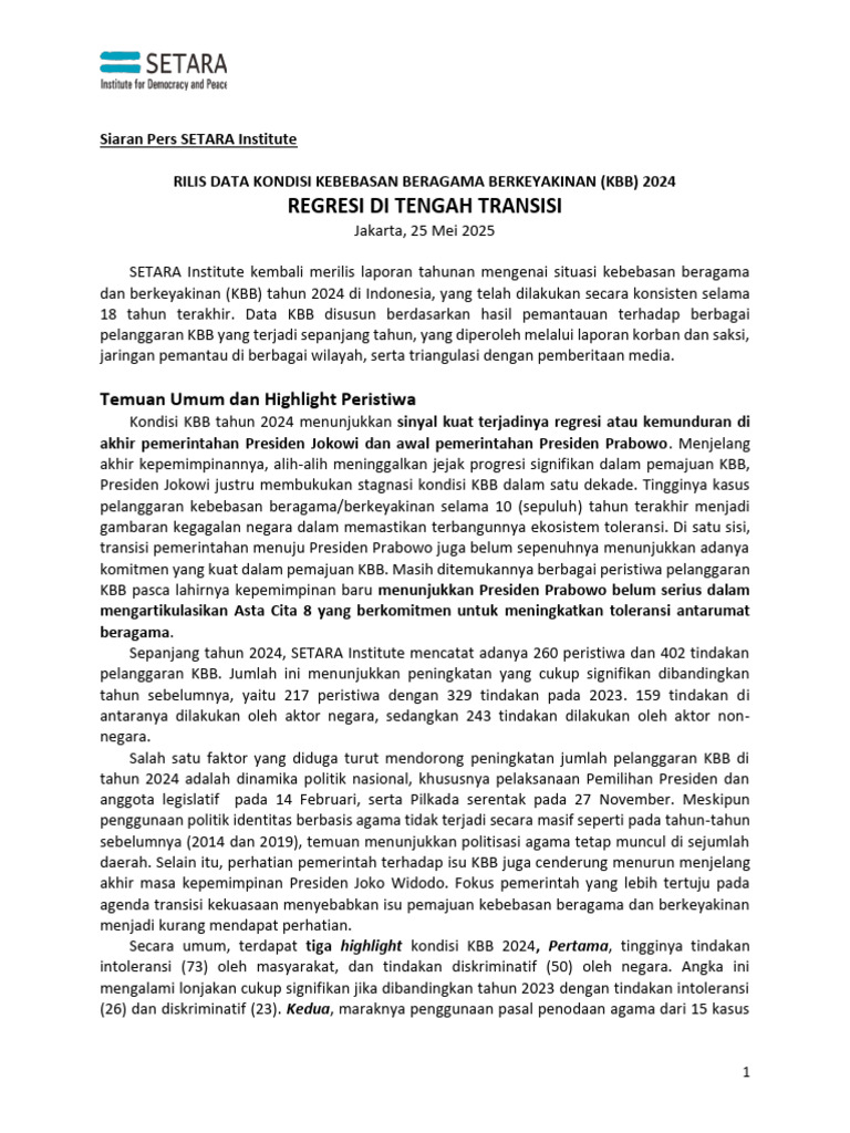 Siaran Pers - Kondisi KBB 2024 - SETARA Institute 1 | PDF