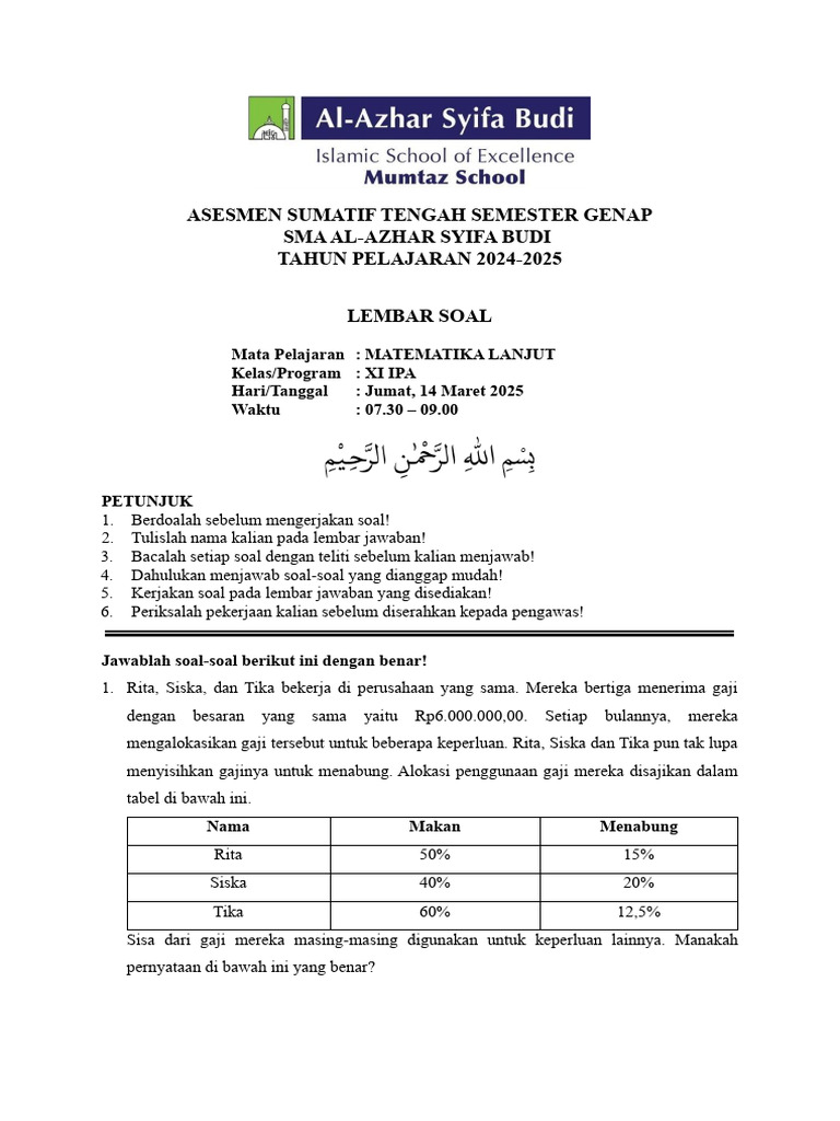 Soal Asts Genap Math Tingkat Lanjut Kelas Xi Mia | PDF