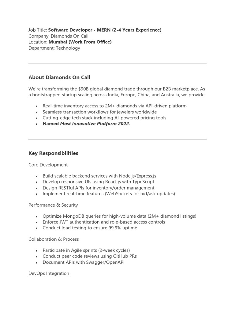 Software Developer MERN Stack JD 2025 | PDF