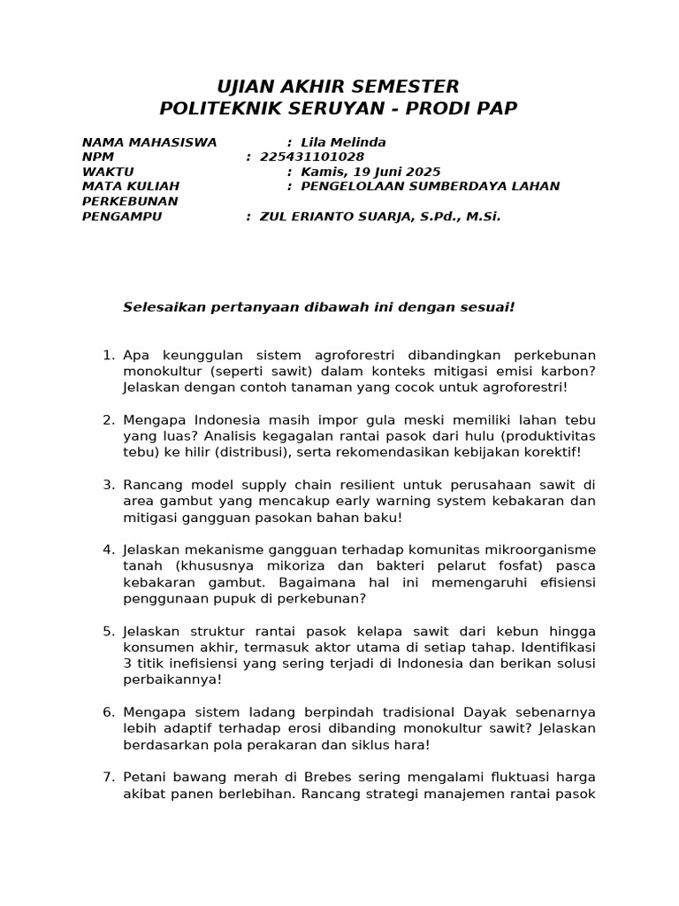 Uas Pengelolaan Sumberdaya Lahan Perkebunan | PDF