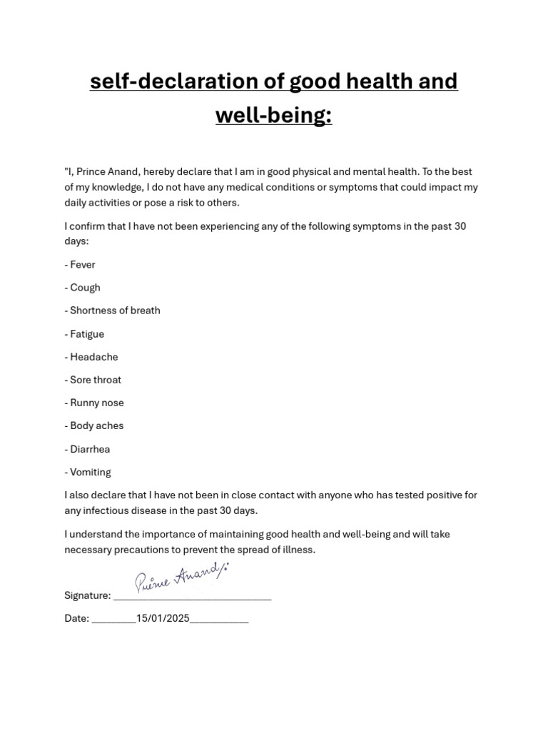 Self-Declaration of Good Health and Wellbeing1 | PDF