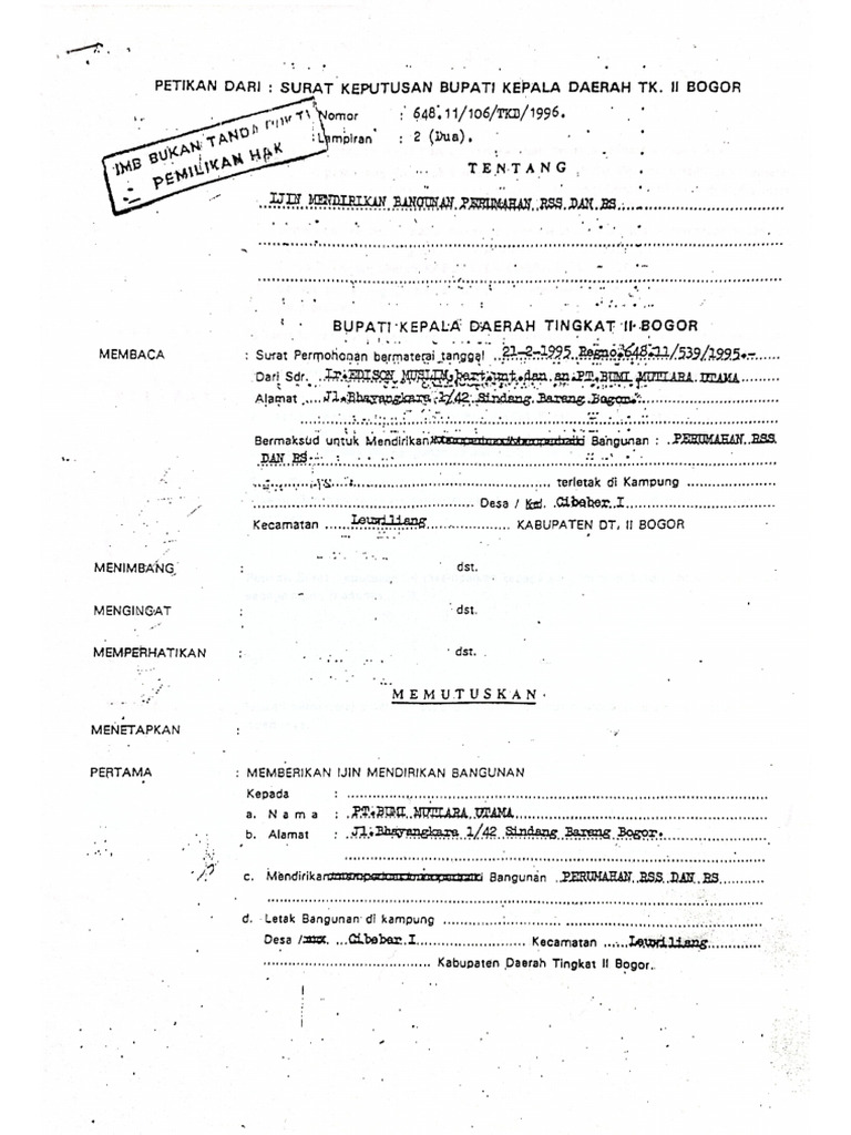 PT. BUMI MUTIARA UTAMA - Desa Cibeber 1996 IMB 20 Ha | PDF