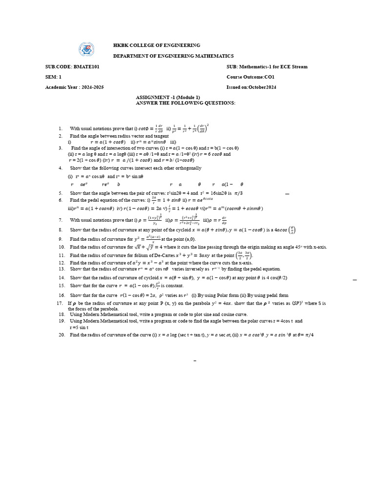 Assiggnment 1 (BMATE101) 1 | PDF | Analytic Geometry | Mathematical Physics