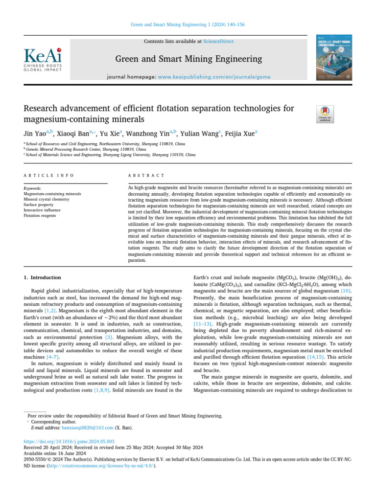 Research Advancement of Efficient Flotation Separatio 2024 Green and ...