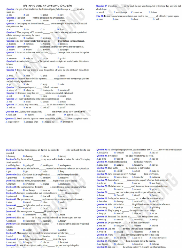 Bài Tập Từ Vựng Và Cụm Động Từ Cơ Bản (Vmp) | PDF