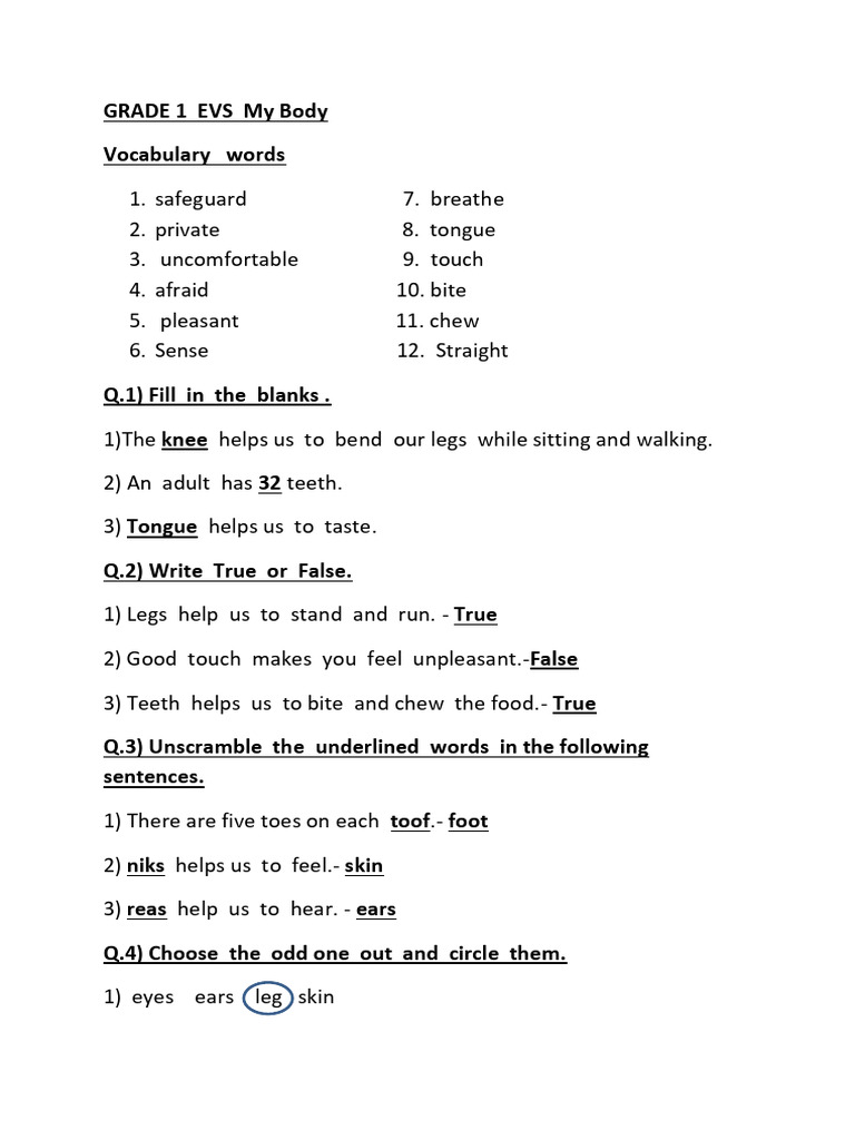 Grade 1 EVS My Body | PDF