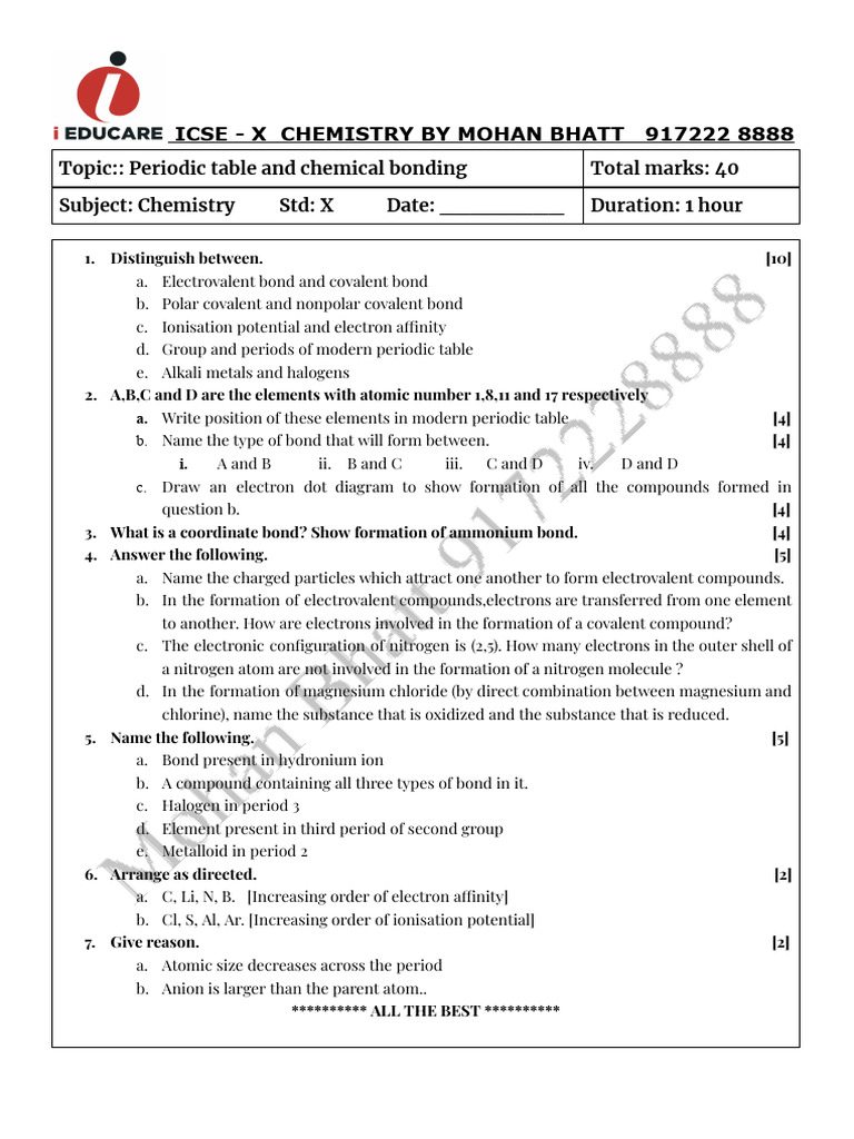 Periodic Table & Bonding Exam Guide | PDF | Chemical Compounds ...