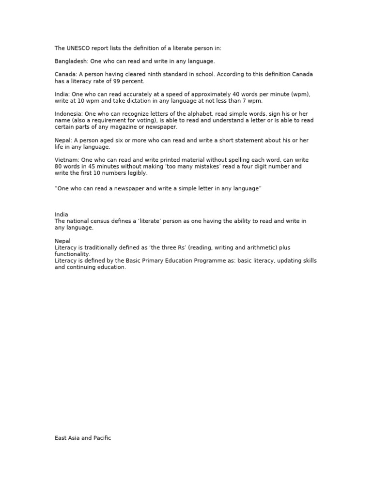 The UNESCO Report Lists The Definition of A Literate Person in | PDF