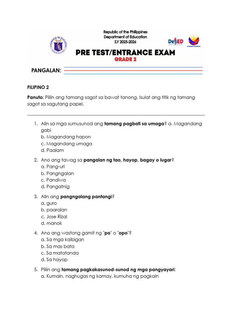 Pre Test New Curriculum Grade 2 | PDF
