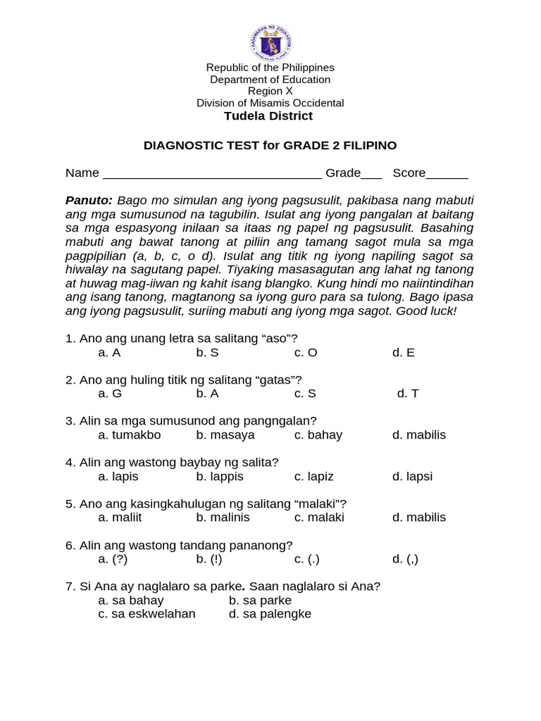 Diagnostic Test for Grade 2 Filipino | PDF
