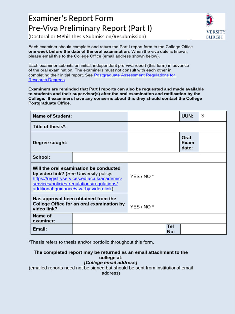 Pre-Viva Examiner's Report Form | PDF | Thesis
