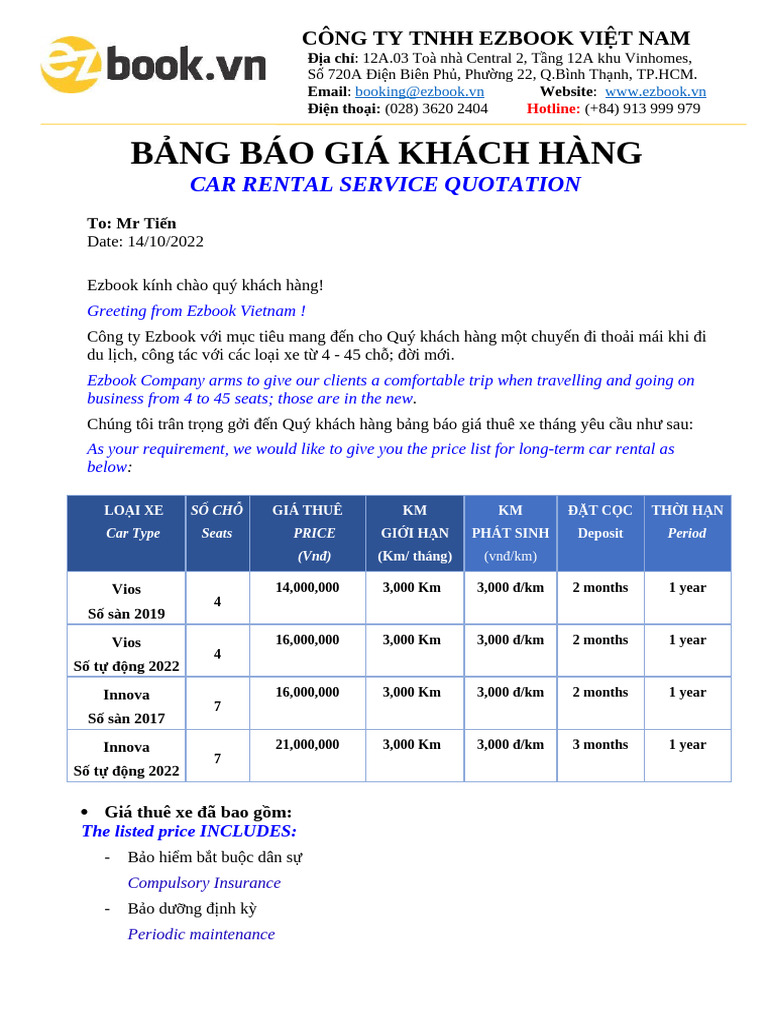 2022-10-14 Ezbook Báo Giá Xe 7 Chỗ Không Tài - MR Tiến | PDF