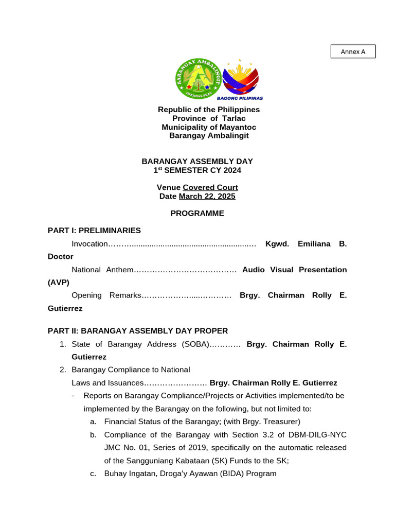 Barangay Assembly Program 2025 | PDF