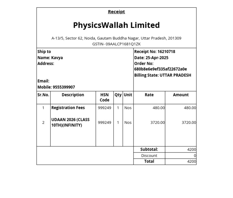 Physicswallah Limited: Receipt | PDF