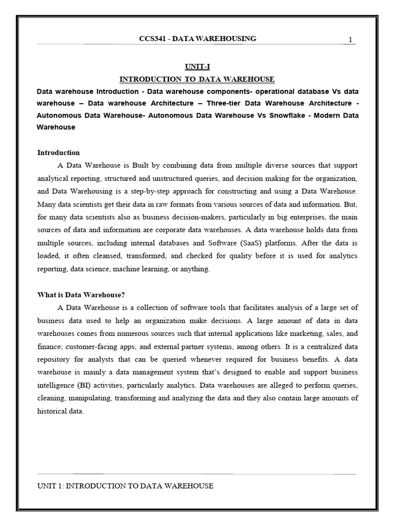 DW Unit1 Notes | PDF | Data Warehouse | Databases