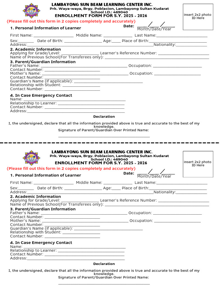 Enrolment Form for SY 2025-2026 | PDF | Social Institutions