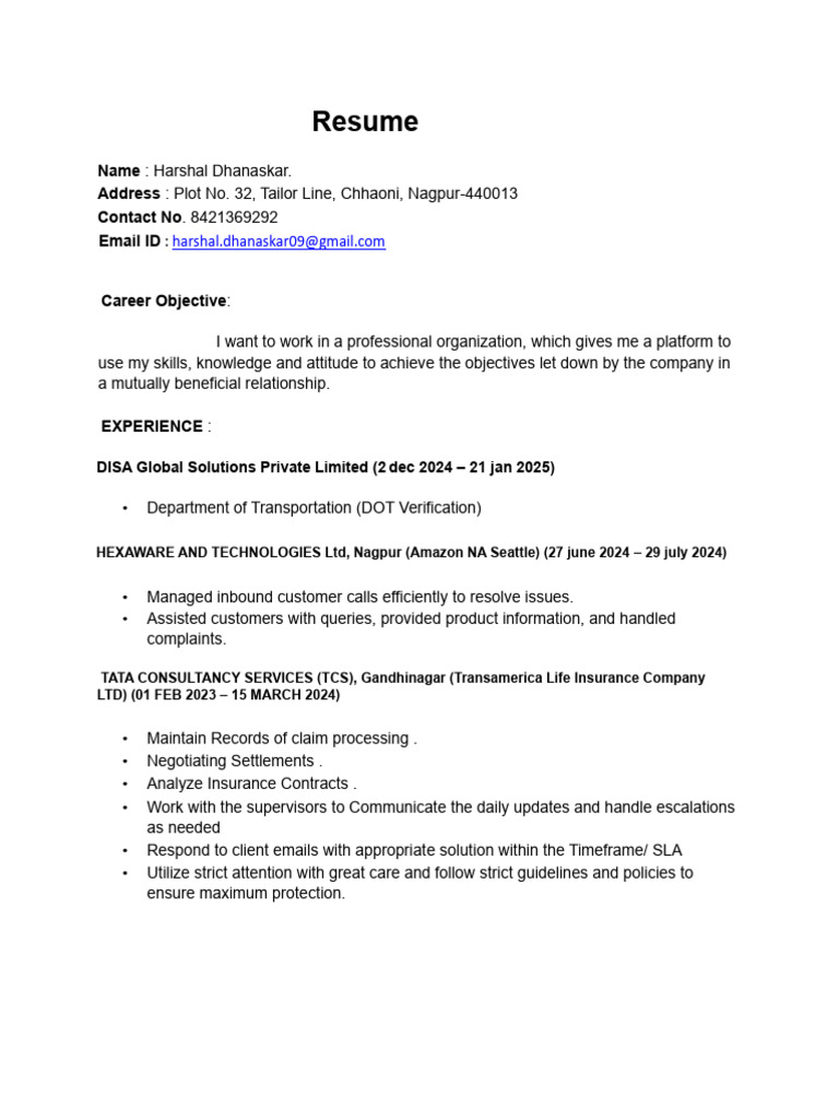 Harshal Dhanaskar 2025 CV PDF | PDF