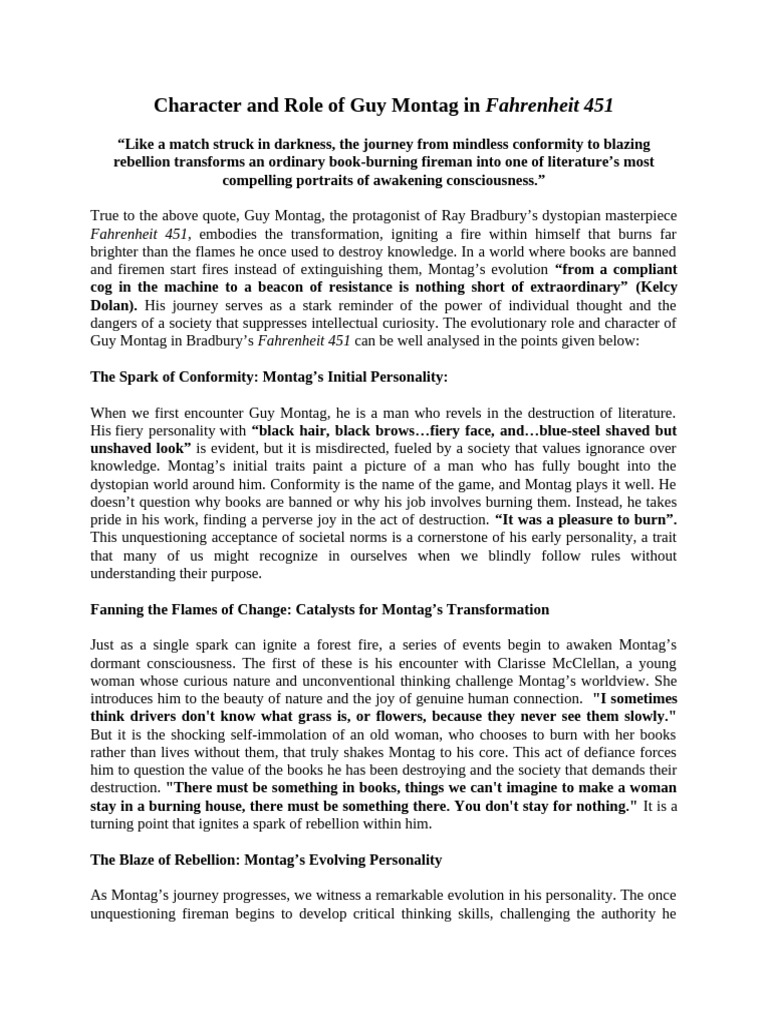 Character and Role of Guy Montag in Fahrenheit 451 | PDF