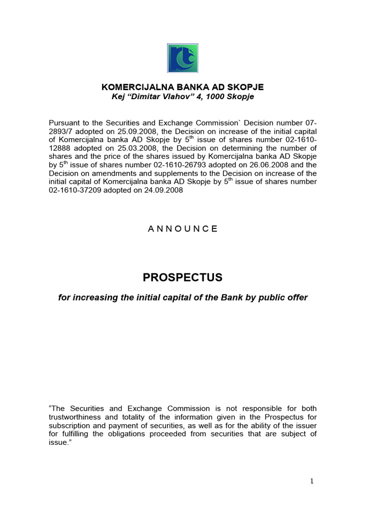 Prospectus For Increasing The Initial Capital of The Bank by Public ...