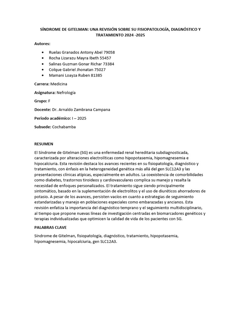 Revisión del Síndrome de Gitelman 2024-2025 | PDF