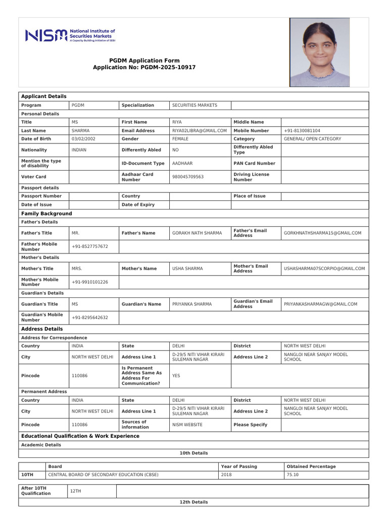 Application Form PGDM 2025 10917 | PDF