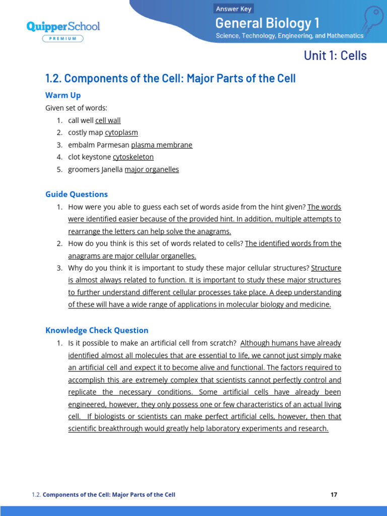 L2 - Components of The Cell - Major Parts of The Cell - ANSWER KEY ...