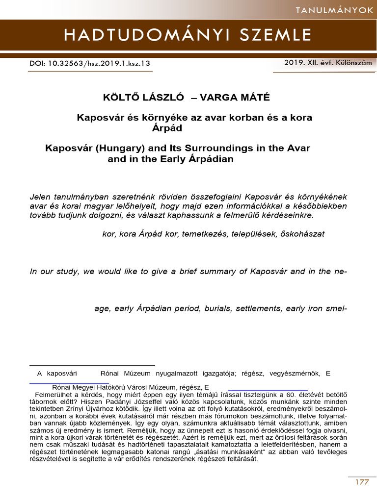 Költő László – Varga Máté - Kaposvár És Környéke Az Avar Korban És a ...