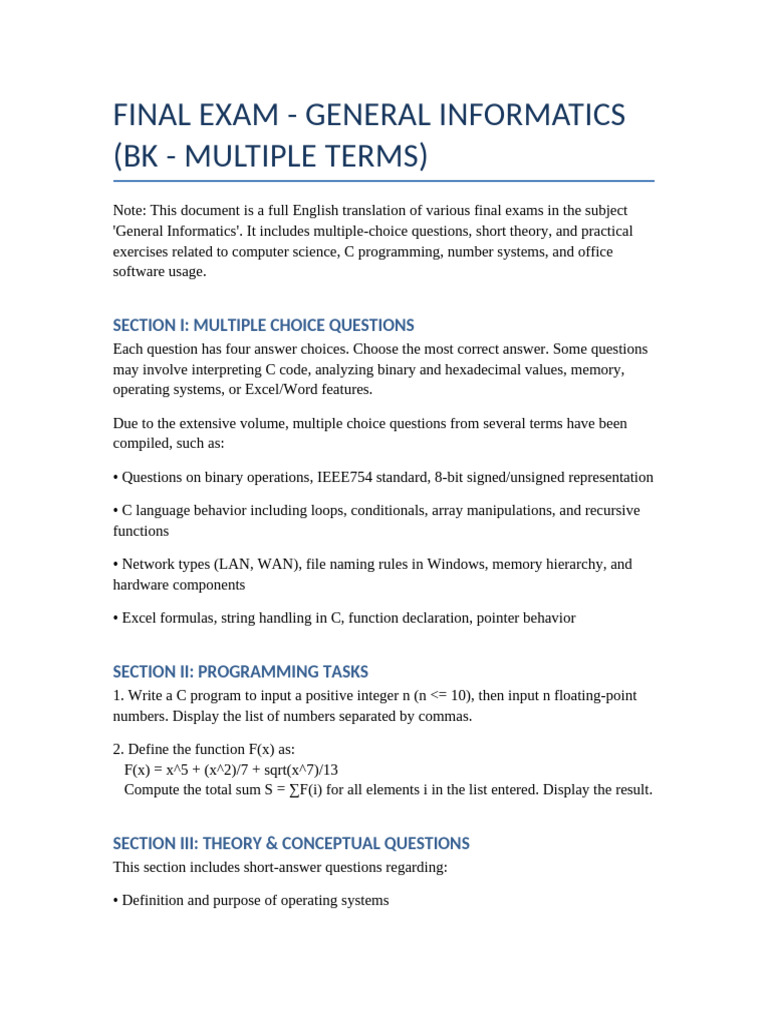 Full General Informatics Exam Translated | PDF | C (Programming Language) | Pointer (Computer ...