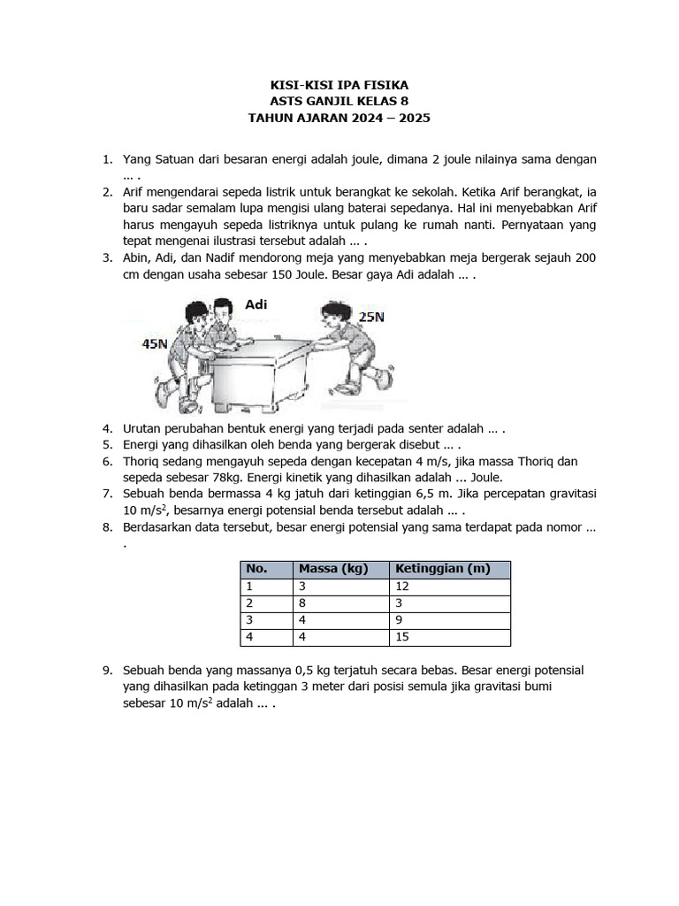 Kisi-Kisi Siswa Ipa Fisika Kelas 8 Asts Ganjil 2024-2025 | PDF