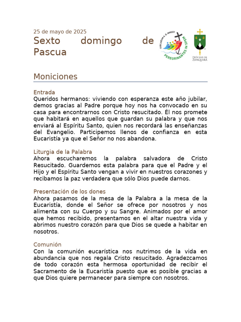 Moniciones Sexto Domingo de Pascua C | PDF | eucaristía | Cristo (título)