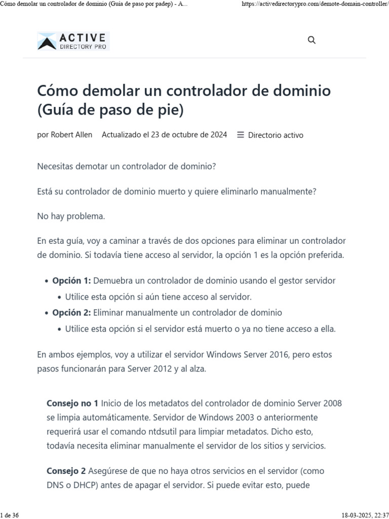 Cómo Demolar Un Controlador de Dominio (Guía de Paso Por Padep) - Active Directory Pro | PDF ...