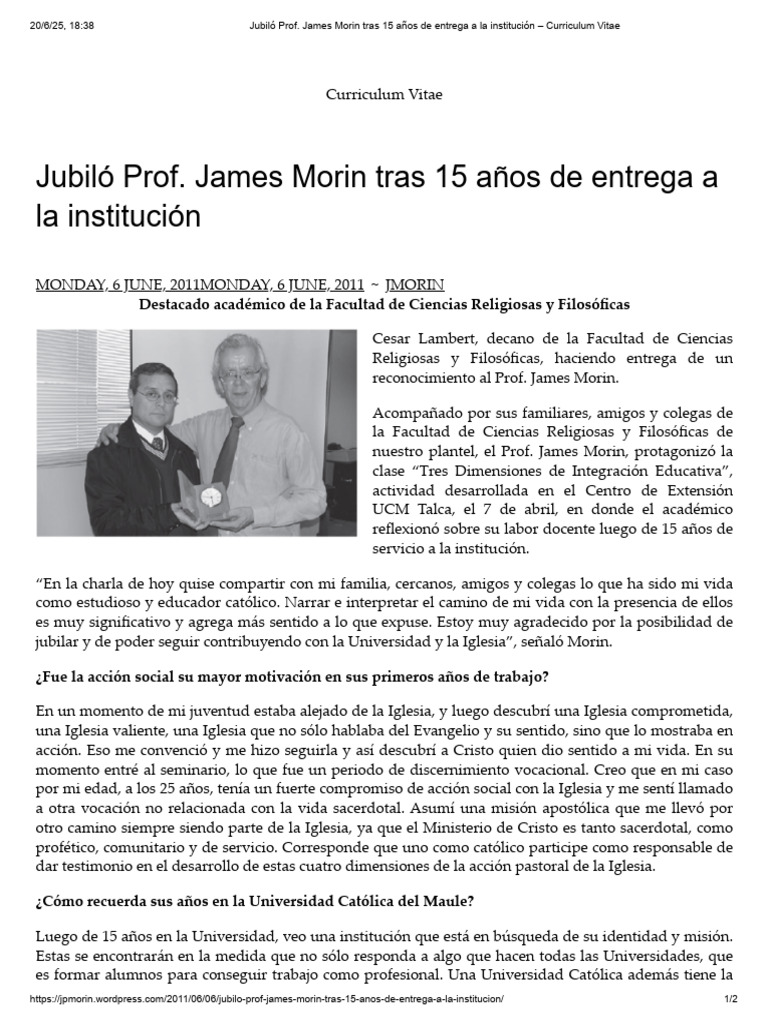 Jubiló Prof. James Morin Tras 15 Años de Entrega A La Institución - Curriculum Vitae | PDF ...