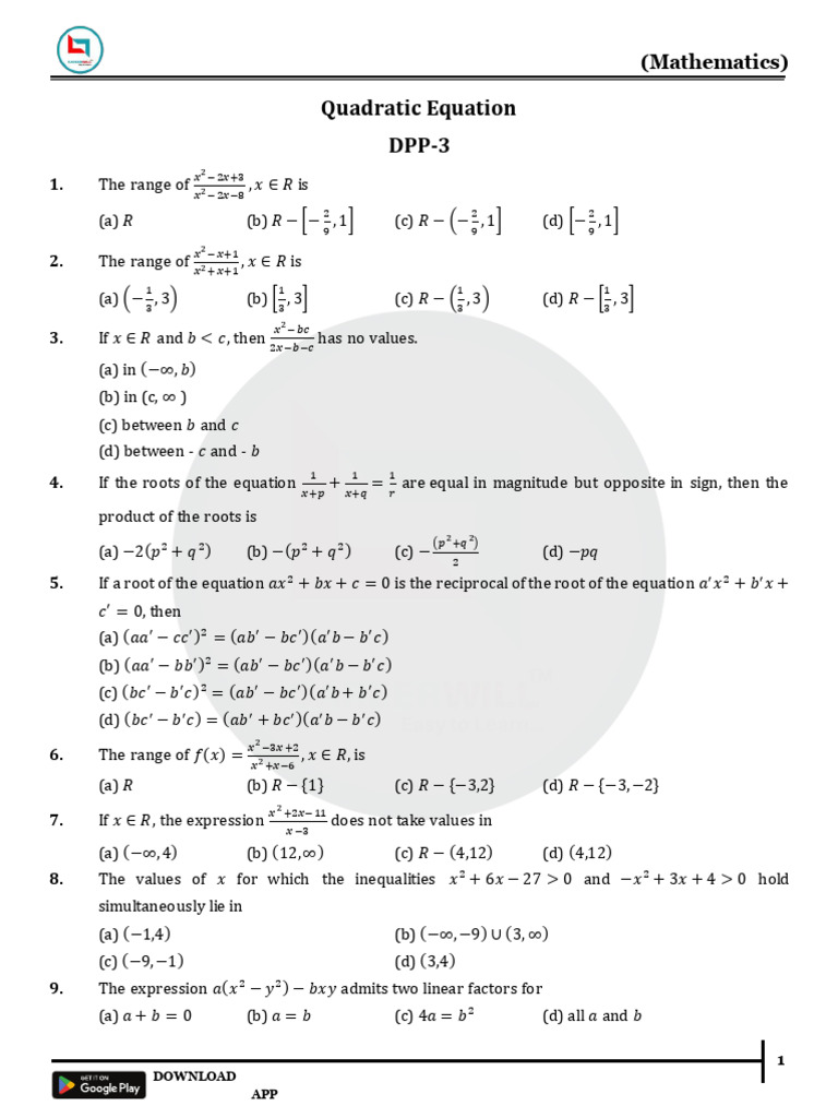 DPP - 03 - Quadratic Equation - 98 - Crwill | PDF | Square Root | Zero Of A Function