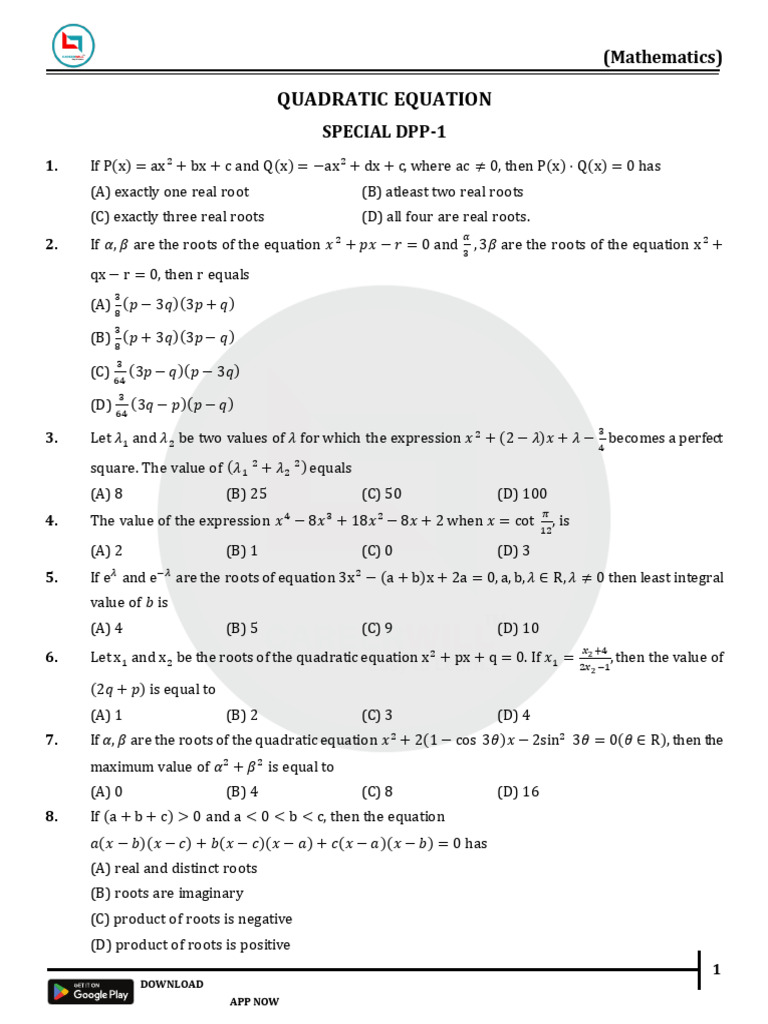 Quadratic Equation Practice Problems | PDF | Equations | Quadratic Equation
