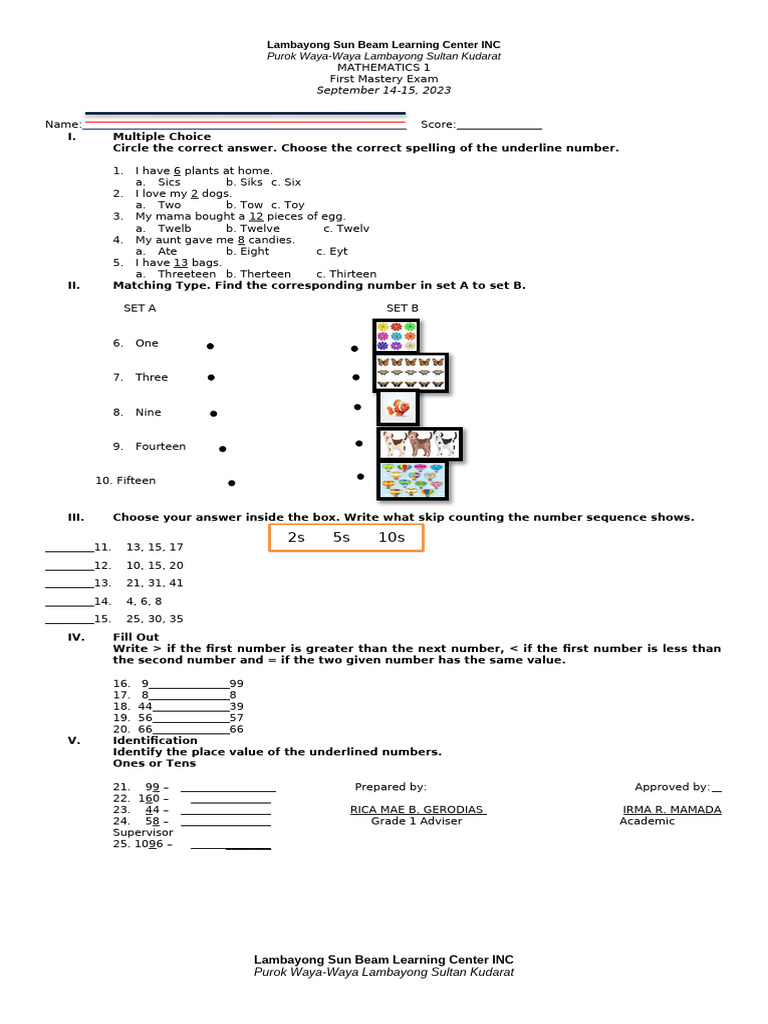 1st Mastery Exam All Subjects Grade 1 | PDF