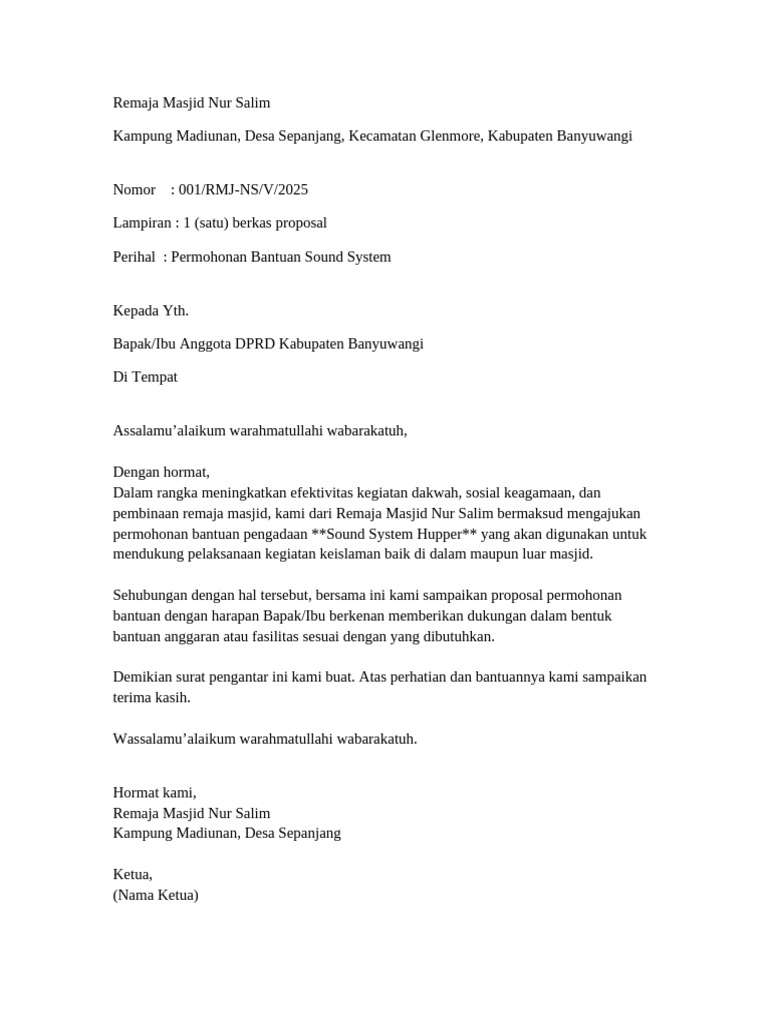 Surat Pengantar Proposal Remaja Masjid Nur Salim | PDF