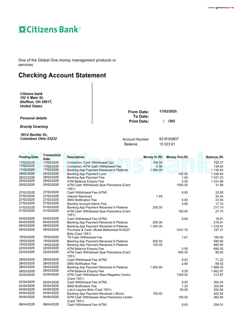 Citizens Bank Checking Account Statement | PDF | Cash | Automated ...
