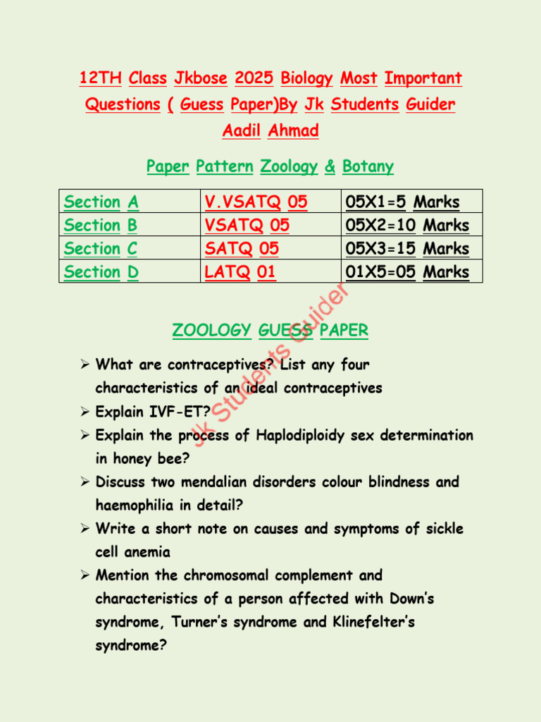 Jkbose Class 12 Biology Guess Paper 2025 | PDF | Biology | Genetics