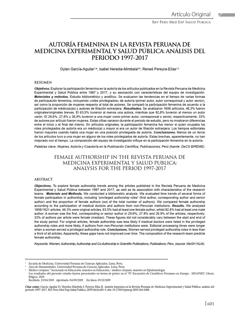 Autoría Femenina en La Revista Peruana de Medicina Experimental Y Salud Pública: Análisis Del ...