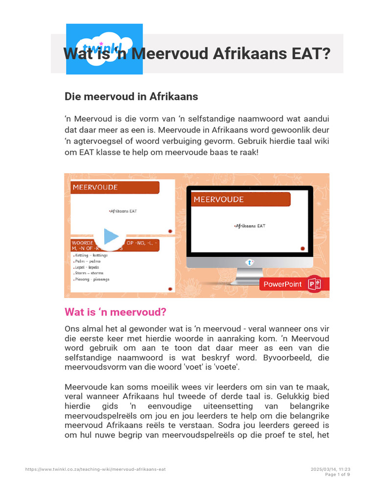 Meervoud Afrikaans EAT Onderrig Wiki - Meervoude Reëls | PDF