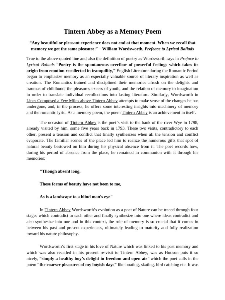 Tintern Abbey As A Memory Poem | PDF | William Wordsworth