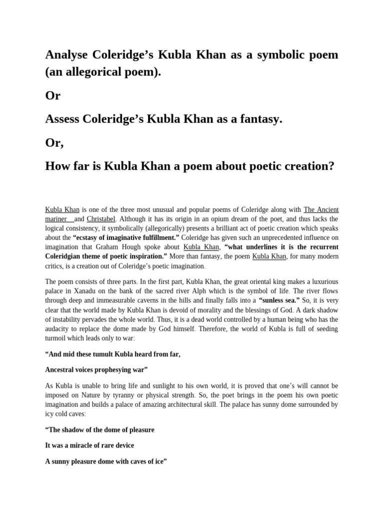 Analyse Coleridge's Kubla Khan As A Symbolic Poem (An Allegorical Poem ...