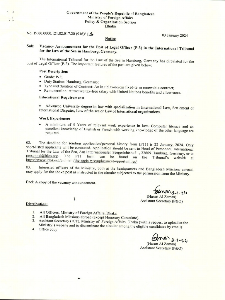 Vacancy Announcement For The Post of Legal Officer (P-3) in The ...