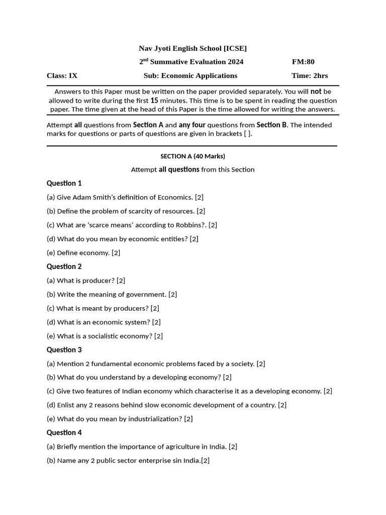 Class IX Economic Applications Exam 2024 | PDF | Economies | Economics