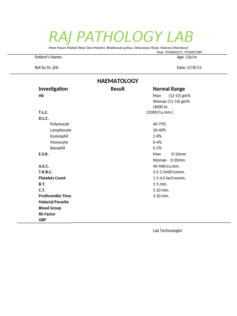 Pathology Lab Report Format | PDF
